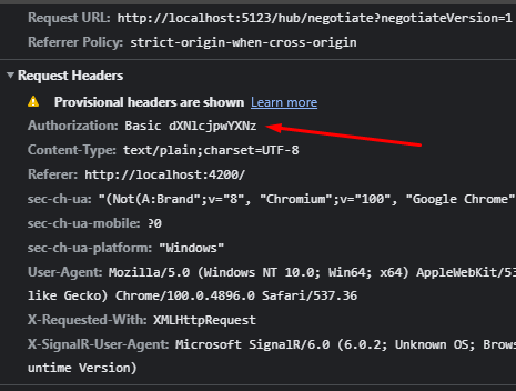 Can't pass headers from browser (typescript) to hub (.NET Core 6 ...