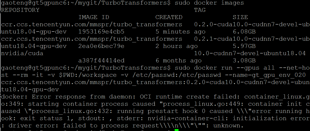 docker run GPU容器失败 · Issue #81 · Tencent/TurboTransformers · GitHub