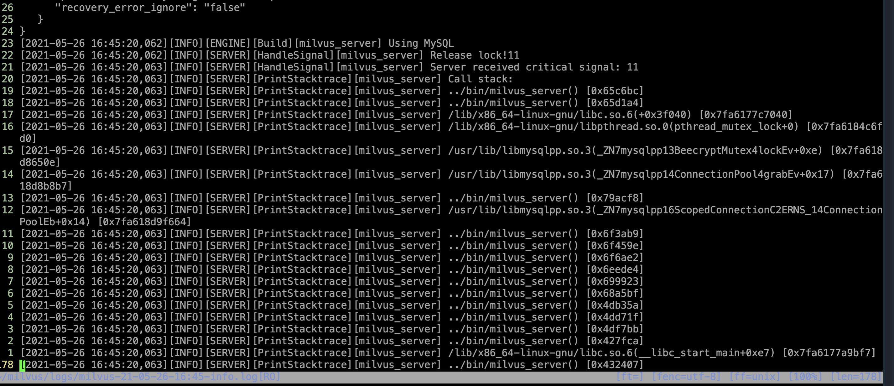 Milvus Server Is Going To Shutdown After Starting Service Without Any Error Logs Or Coredump