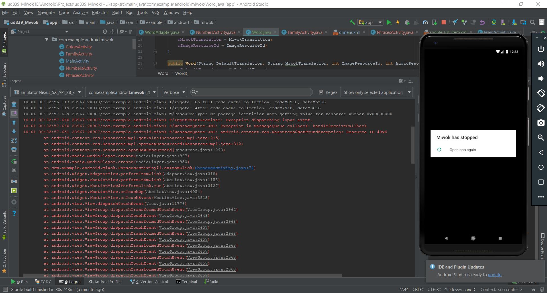 App crashes while selecting phrases from the PhrasesActivity.java · Issue #113 · udacity/ud839 ...