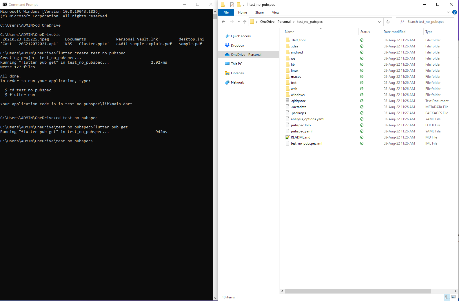 When app is in OneDrive directory "flutter pub get" returns Error: No pubspec.yaml file found ...