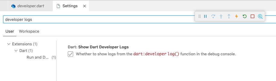 The "log" function in "dart:developer" package isn't working in version ...