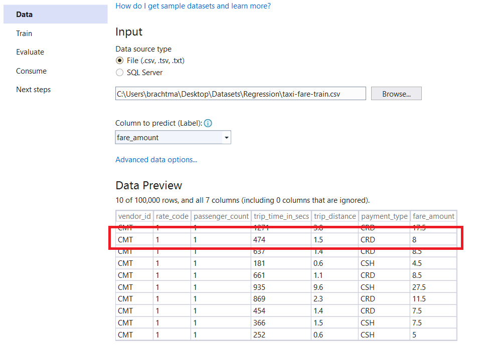 Evaluate page Try model brings in 2nd row of data · Issue #1731 · dotnet/machinelearning ...