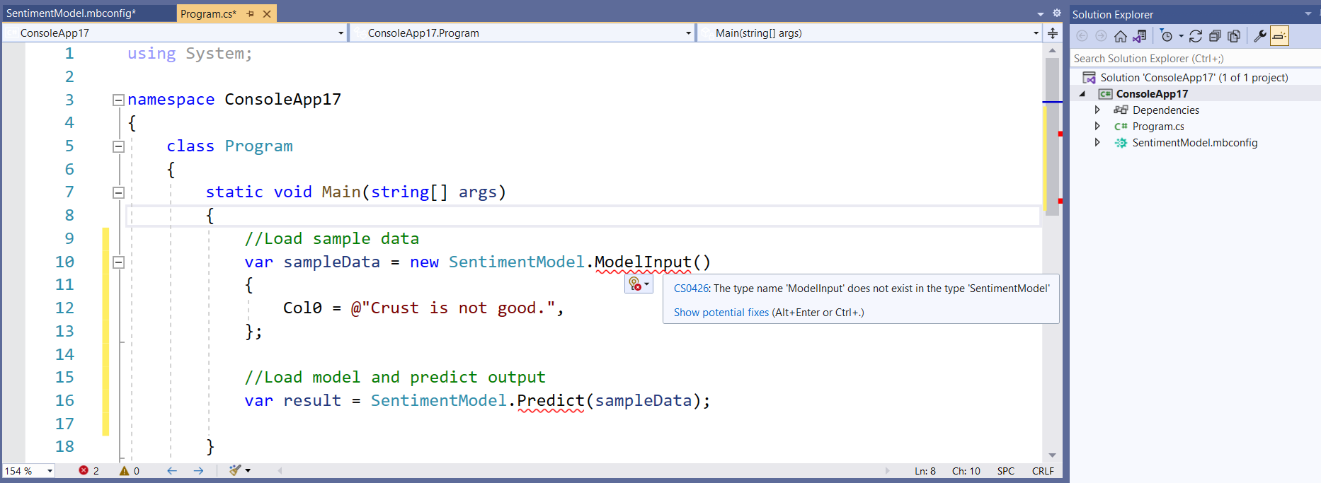 Get code errors when copy code into app from Consume page · Issue #1732 · dotnet/machinelearning ...