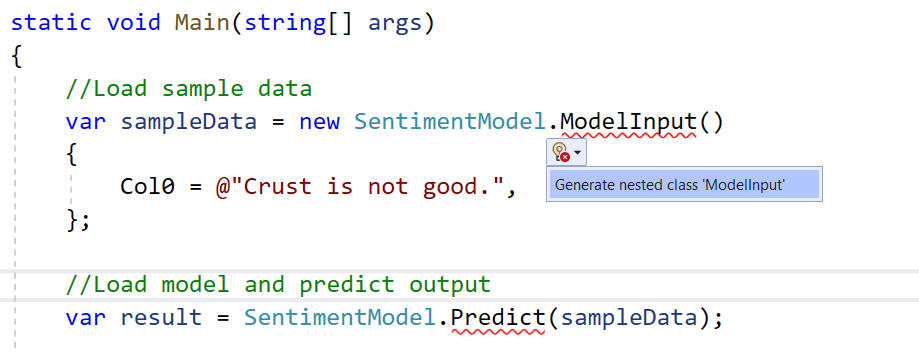 Get code errors when copy code into app from Consume page · Issue #1732 · dotnet/machinelearning ...