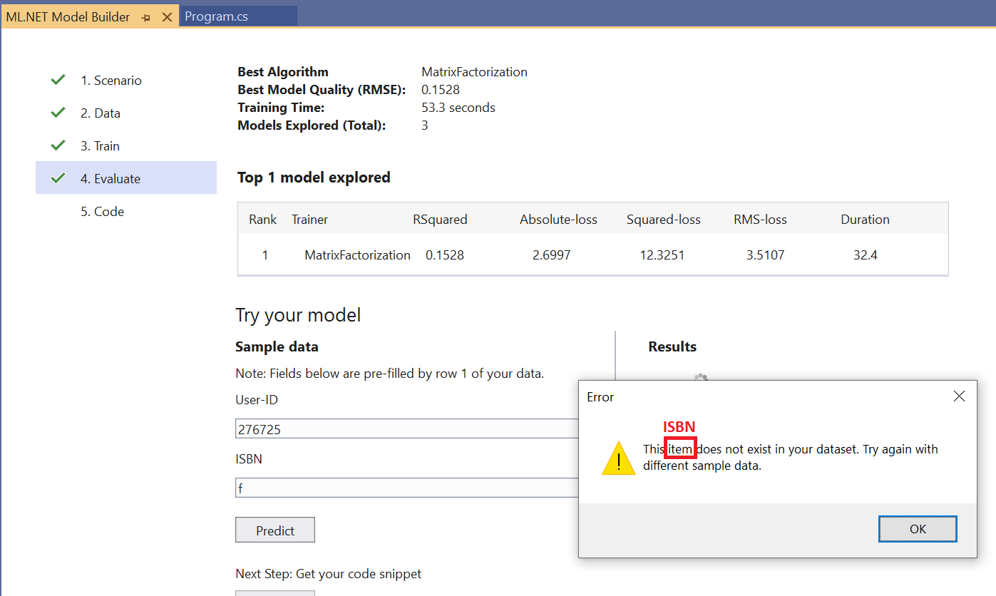 Try it out - user / item do not exist errors · Issue #442 · dotnet/machinelearning-modelbuilder ...