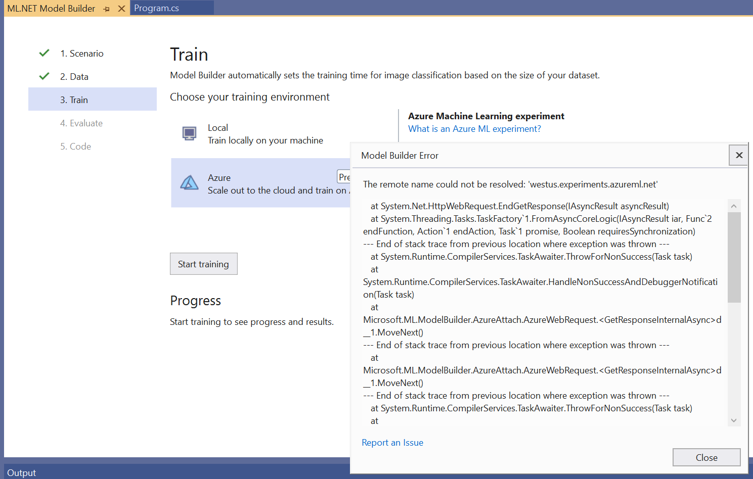 Error with Azure training · Issue #497 · dotnet/machinelearning-modelbuilder · GitHub
