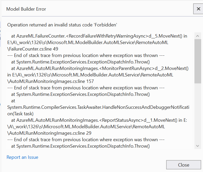 Azure training error · Issue #573 · dotnet/machinelearning-modelbuilder · GitHub
