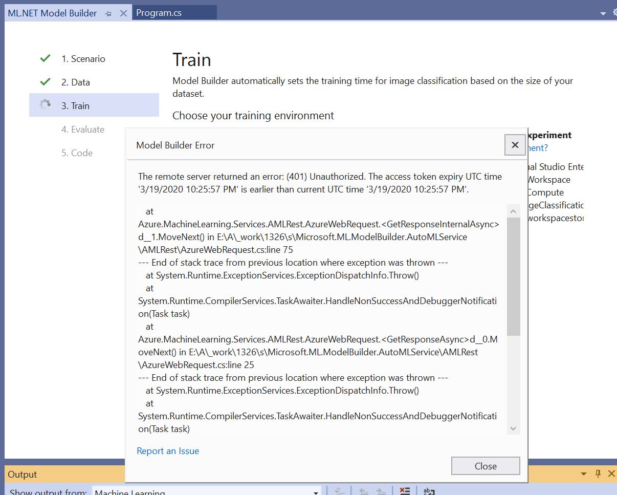 Unauthorized azure training bug · Issue #594 · dotnet/machinelearning-modelbuilder · GitHub
