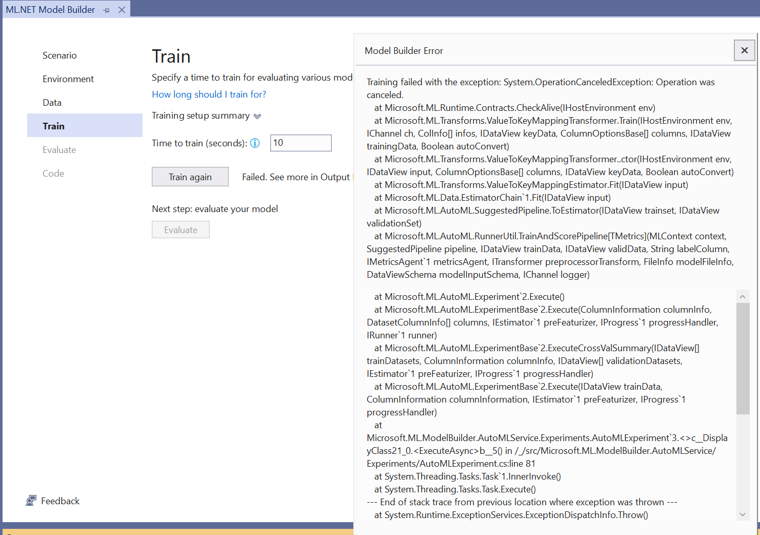 Training Fails · Issue 877 · Dotnetmachinelearning Modelbuilder · Github 