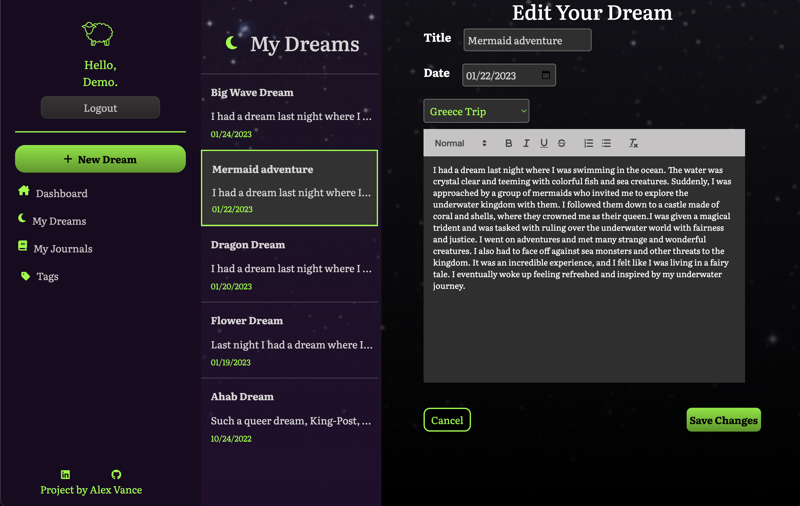 GitHub - alexvance9/dreamy-note: A Dream Journal app modeled after Evernote