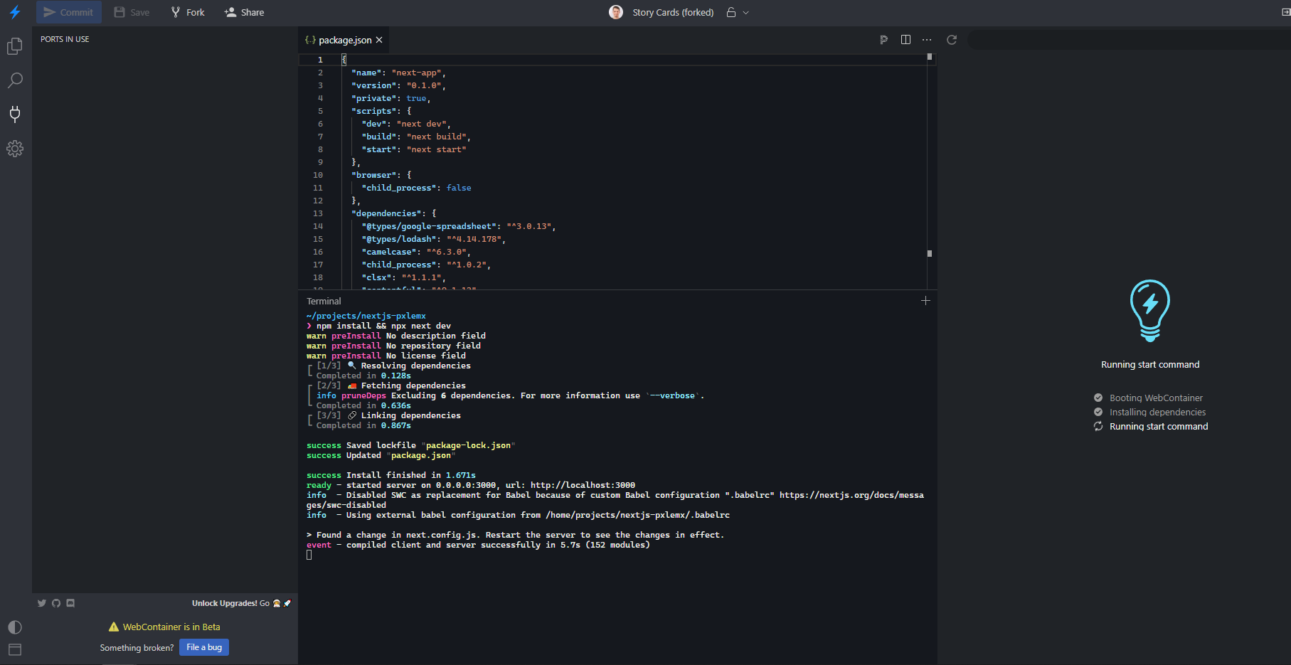 Sometimes the NextJS run command hangs · Issue #632 · stackblitz/webcontainer-core · GitHub