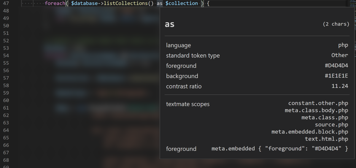 PHP syntax highlighting (Dark / Dark+ default themes): "as" keyword in "foreach (... as ...
