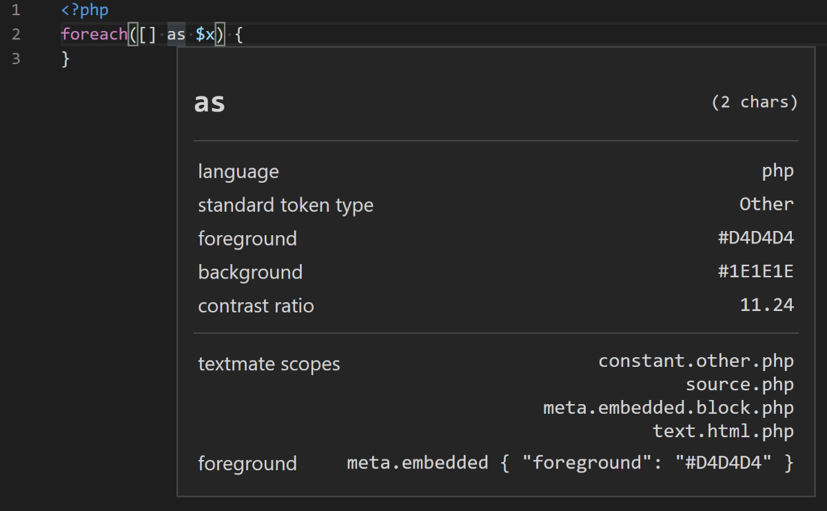 PHP syntax highlighting (Dark / Dark+ default themes): "as" keyword in "foreach (... as ...