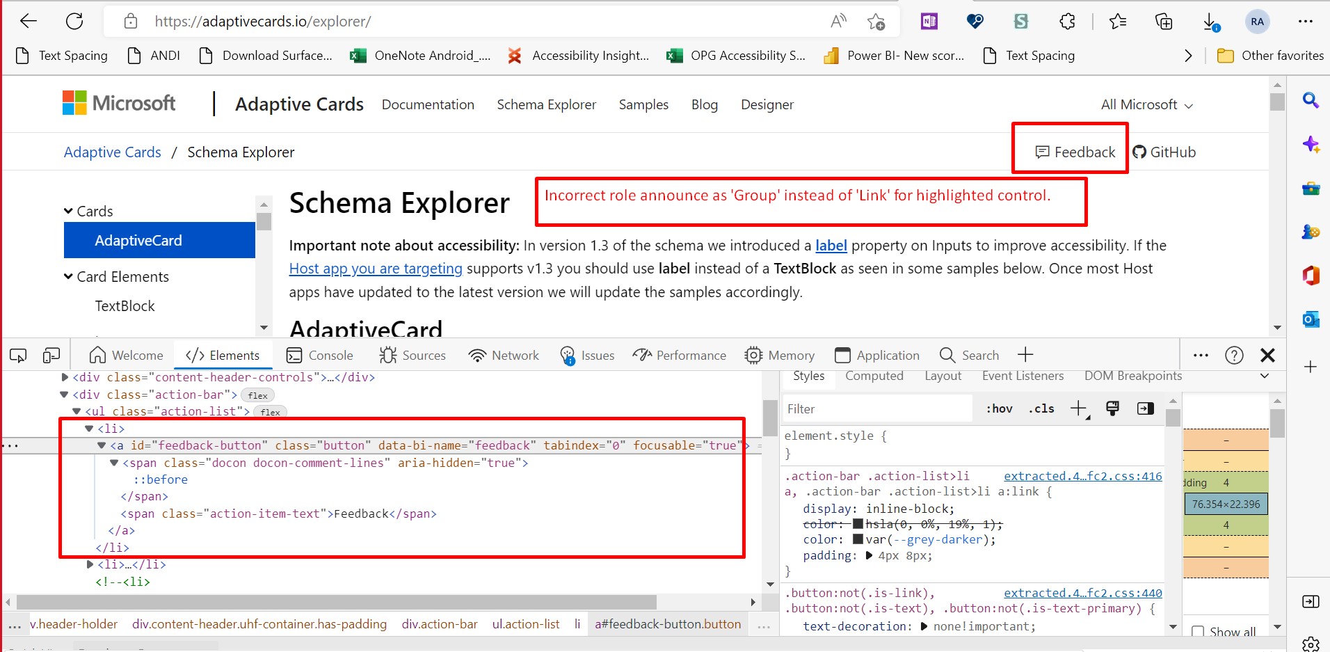 [AdaptiveCards- Schema Explorer]: Incorrect Role is announced by the screen reader for the ...