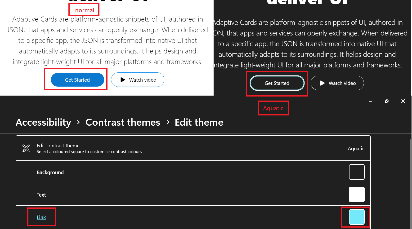 Adaptive Cards Microsoft Link Is Not Adopting The Aquatic Theme Of High Contrast · Issue 