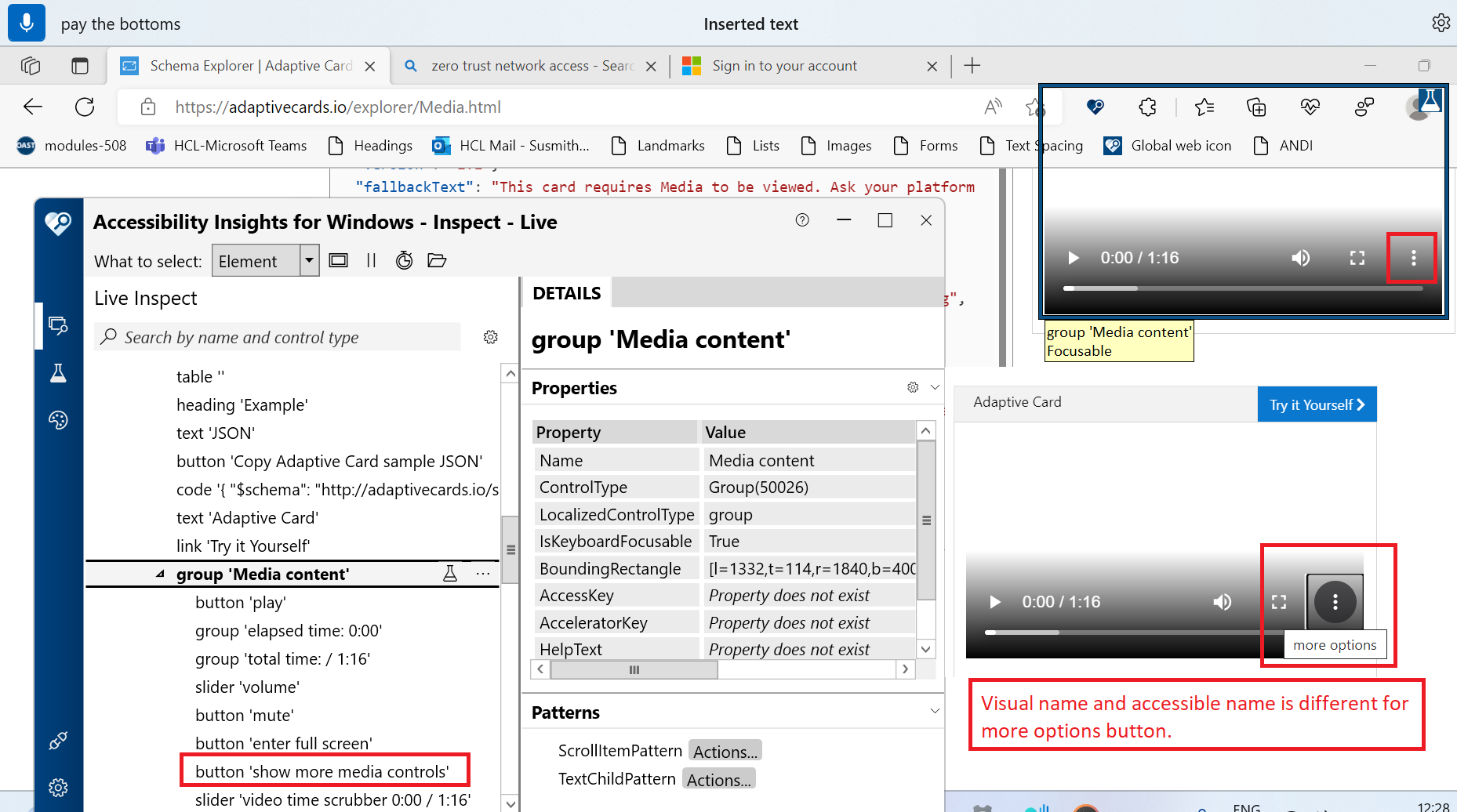 [Adaptive Card-Schema Explorer-Media]: Visual name and accessible name is different for more ...