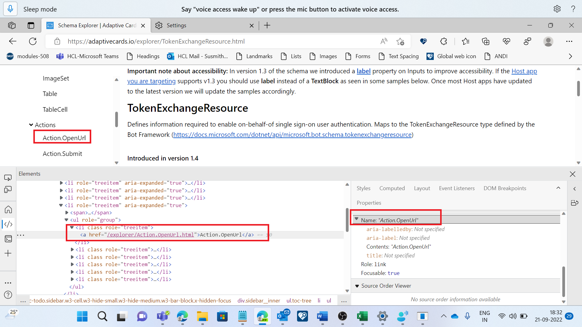 {Linked:Bug41431272; LinkedBug}[Voice access - Adaptive Cards]: User is not able to access ...