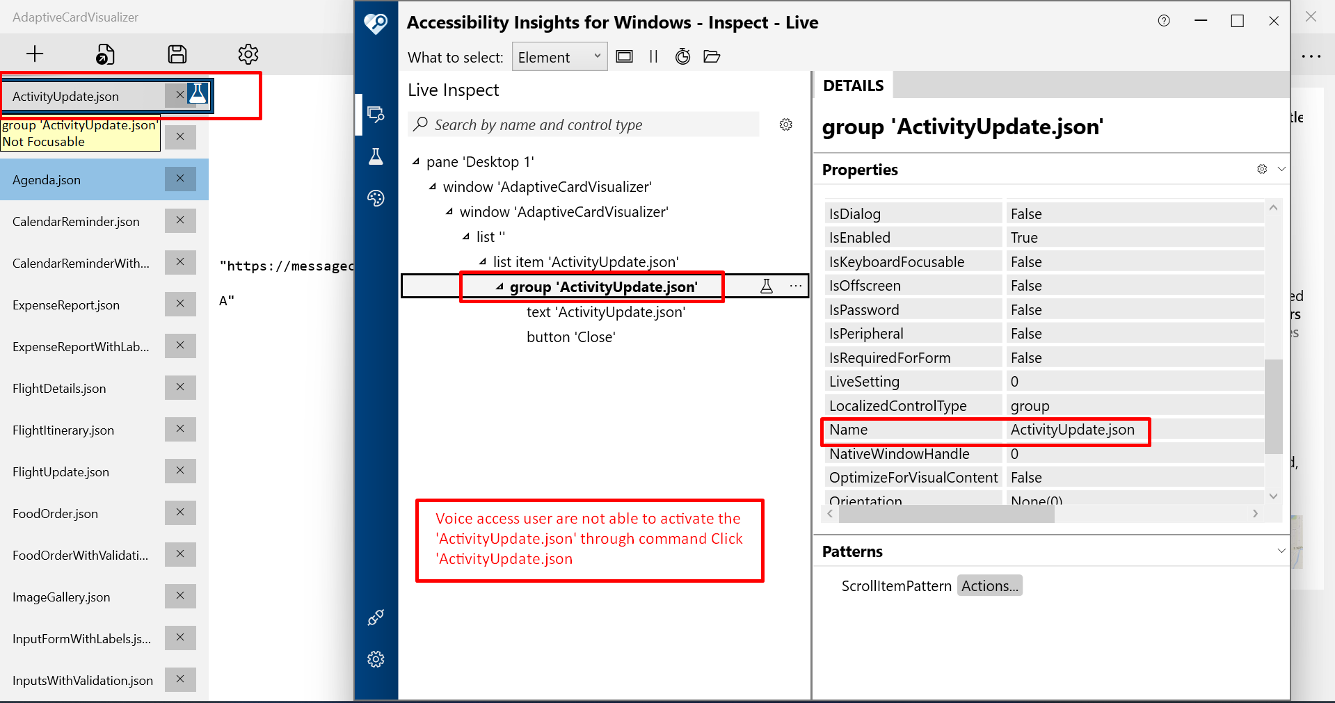 {Freeway-Bug} [Adaptive Cards> ActivityUpdate.json]: Voice access users are not able to to ...