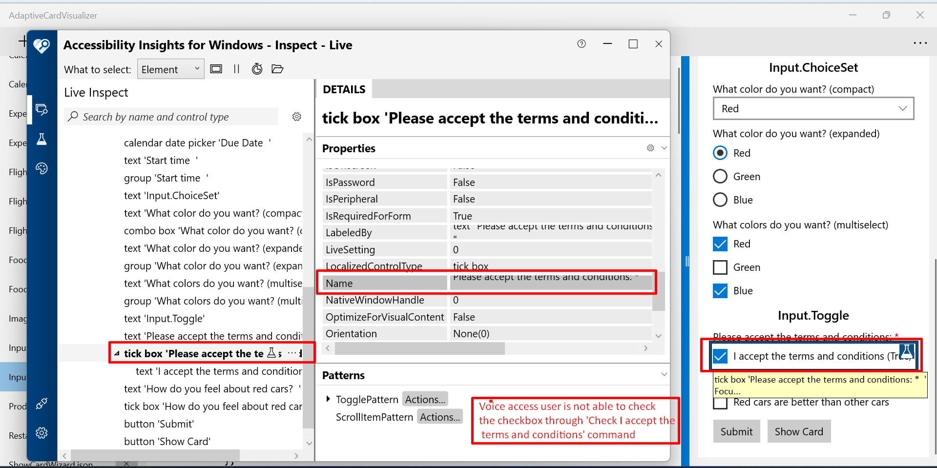 {Freeway-Bug}[Adaptive Cards> InputsWithValidation.json> Input.Toggle]: Voice access user is not ...