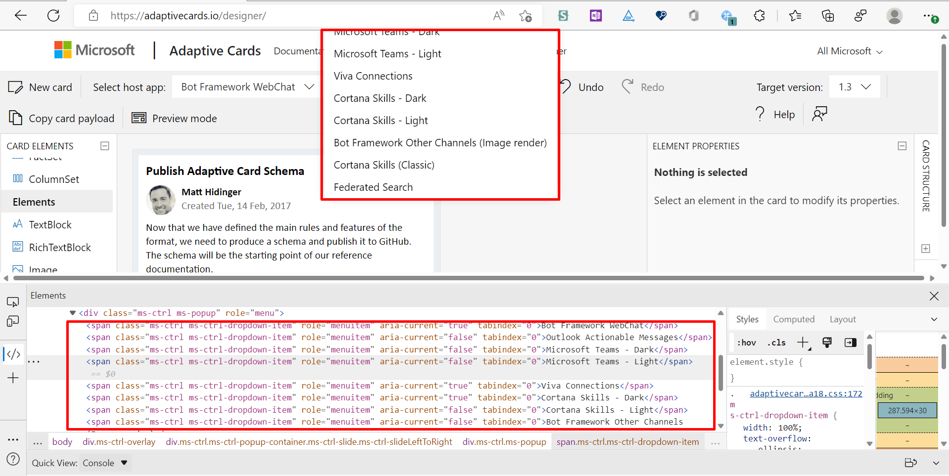 [Adaptive Cards> Designer> Select host app]: Screen reader is announcing extra information as ...