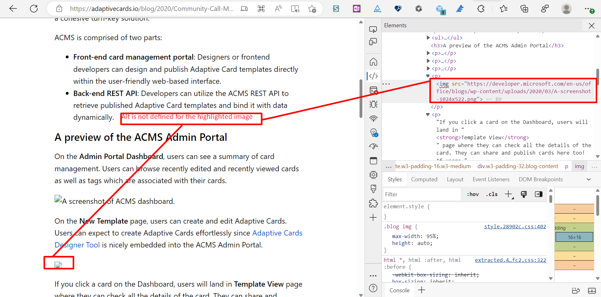 [Adaptive Cards> Blogs> Community Call - March 12, 2020]: Ensures elements have alternate text ...