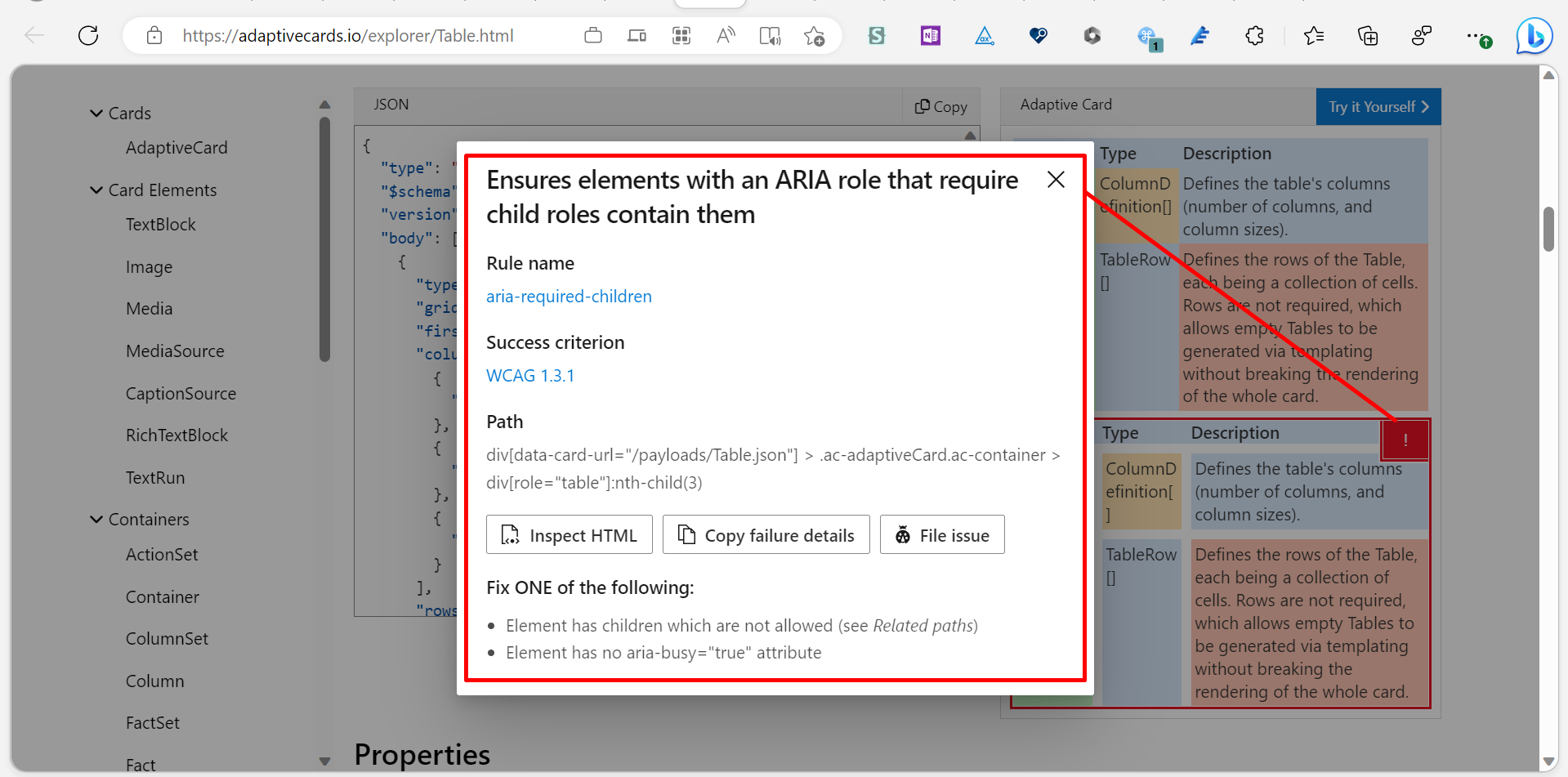 [Adaptive Cards]: Ensures elements with an ARIA role that require child roles contain them ...