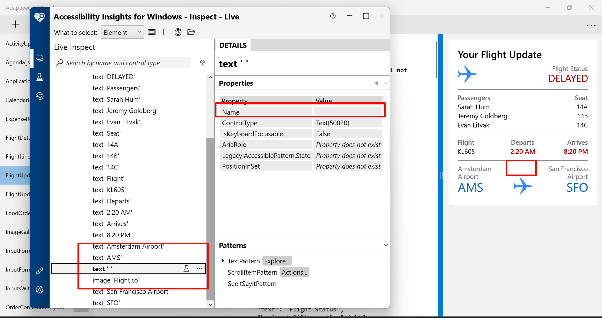 {Freeway-Bug}[Adaptive Cards> FlightUpdate.json]: Focus order is not appearing in logical ...