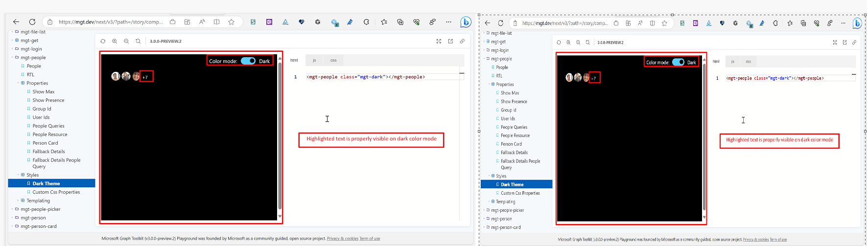 [MGTP> mgt-people> Styles> Dark Theme]: 'Color mode', 'Light', '+7' text is not visible on light ...