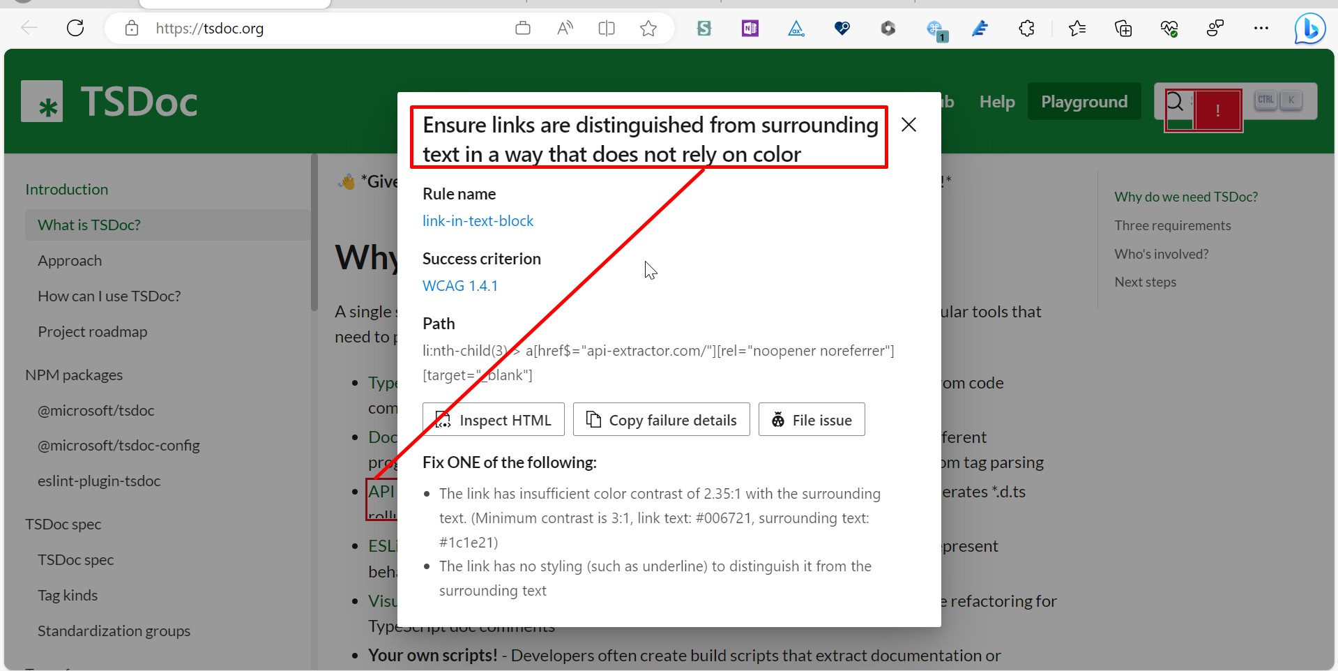 [TSDoc> Search]: Ensure link i.e API Extractor are distinguished from surrounding text in a way ...