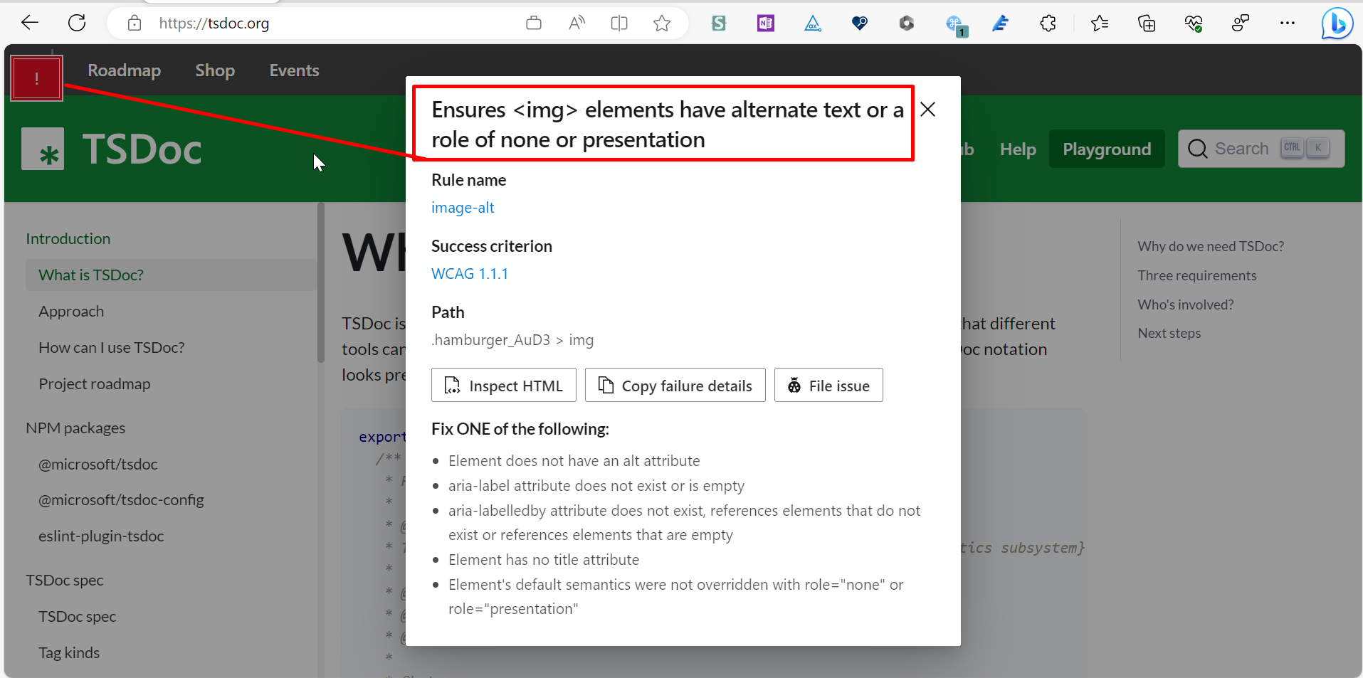 [TSDoc> Search]: Ensures elements i.e hamburger in the header have alternate text or a role of ...