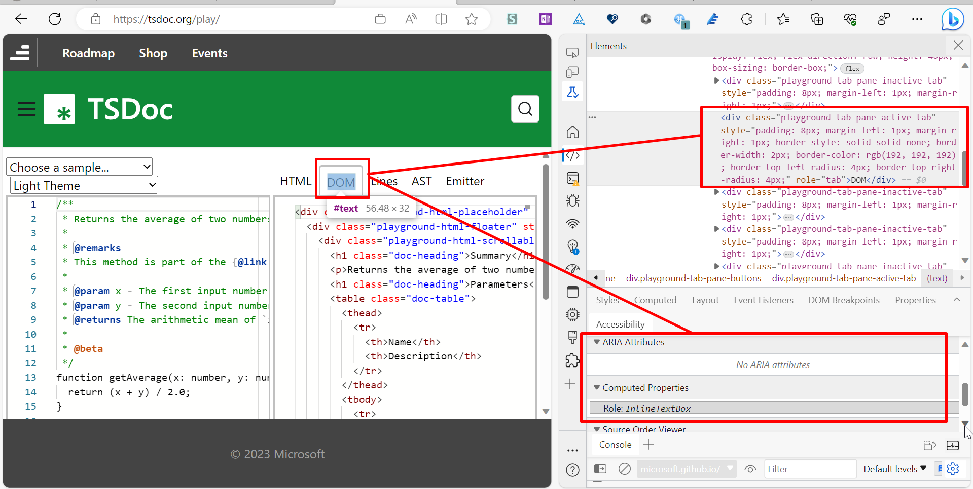 [TSDoc> Playground]: 'Selected' tab item such as 'DOM' is not ...