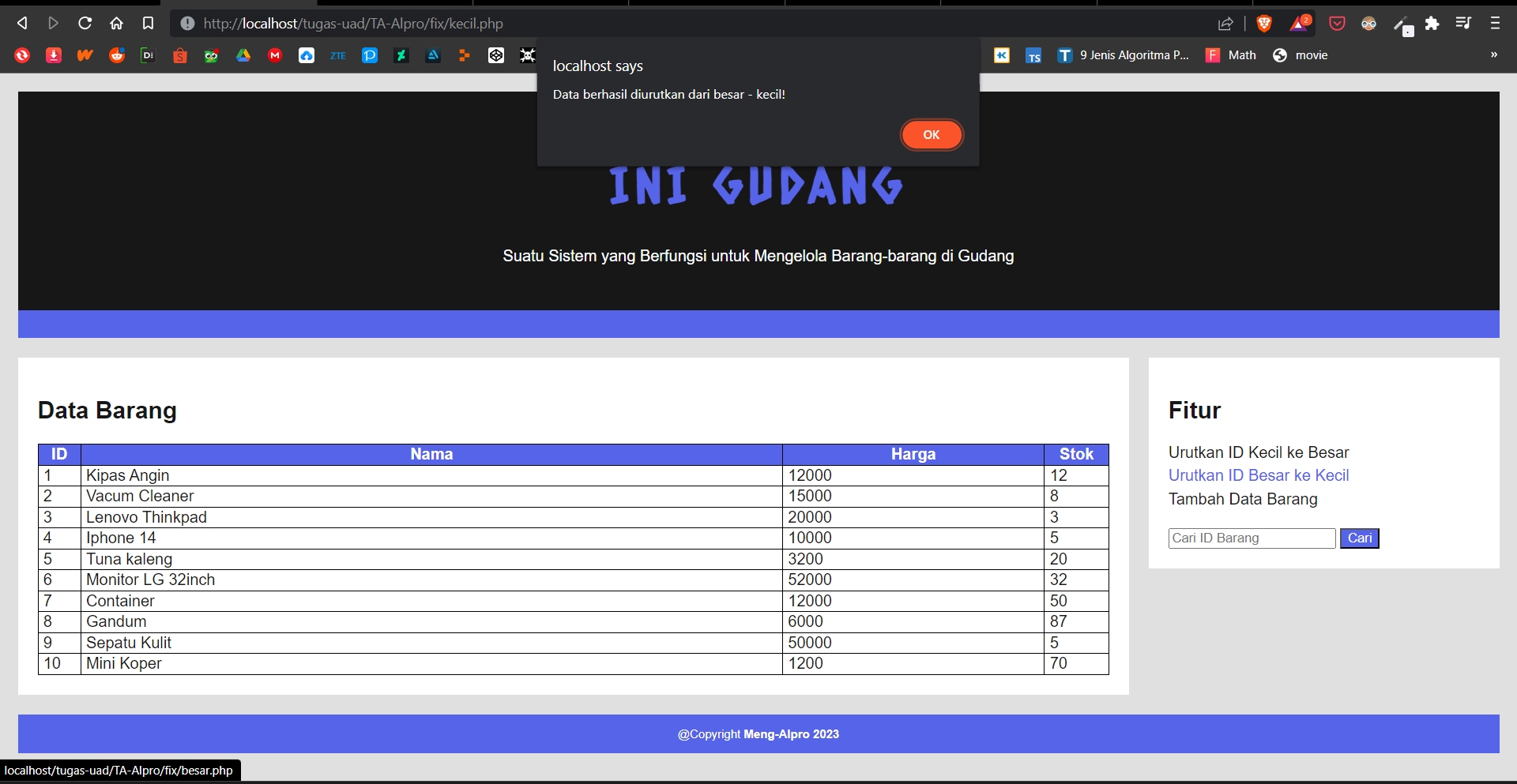 Menambahkan fungsi alert di bagian ascending, descending dan input data · Issue #8 · Meng-Alpro ...