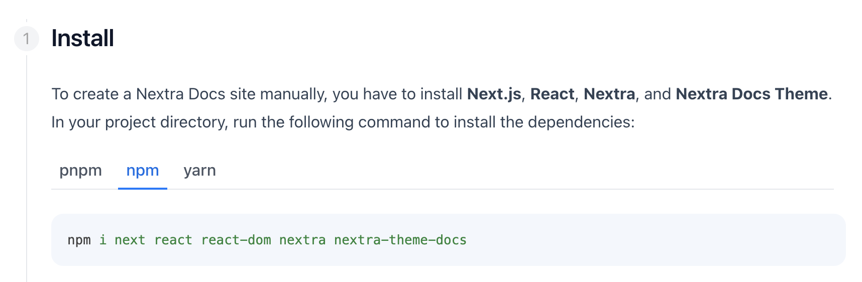 [nextra-theme-doc] Inconsistent package manager commands on Get Started · Issue #1583 · shuding ...