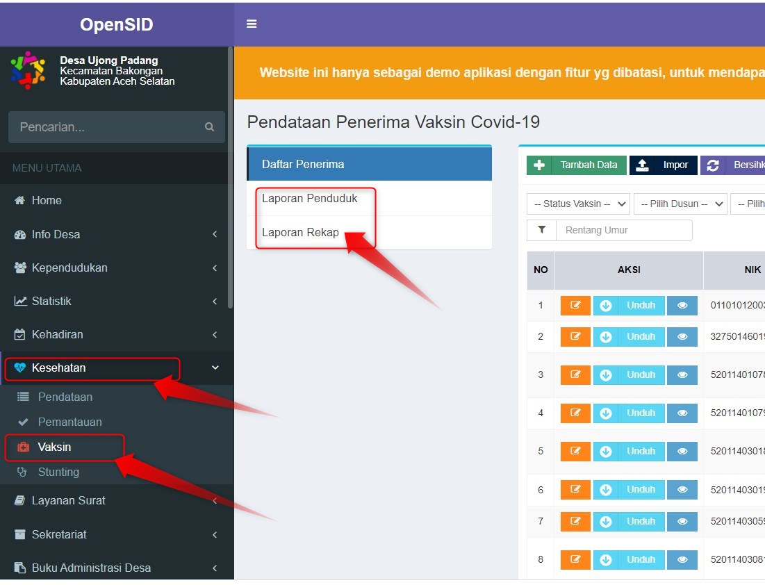 Bug/error: Tampilan Pendataan Penerima Vaksin Covid-19 pada Laporan Penduduk dan Laporan Rekap ...