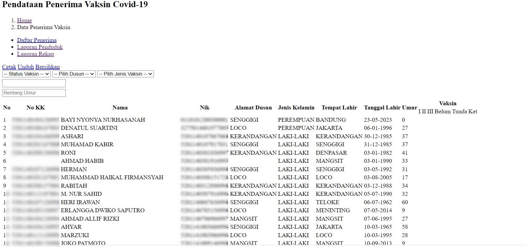 Bug/error: Tampilan Pendataan Penerima Vaksin Covid-19 pada Laporan Penduduk dan Laporan Rekap ...