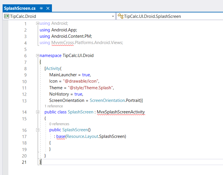 The type or namespace name 'MvxSplashScreenActivity' could not be found (are you missing a using ...