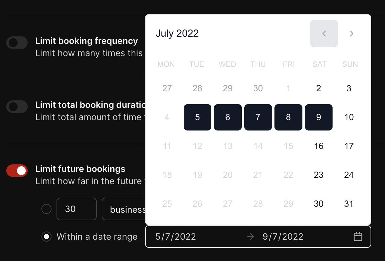 [CAL-1669] Limit future bookings darkmode issues · Issue #8880 · calcom/cal.com · GitHub
