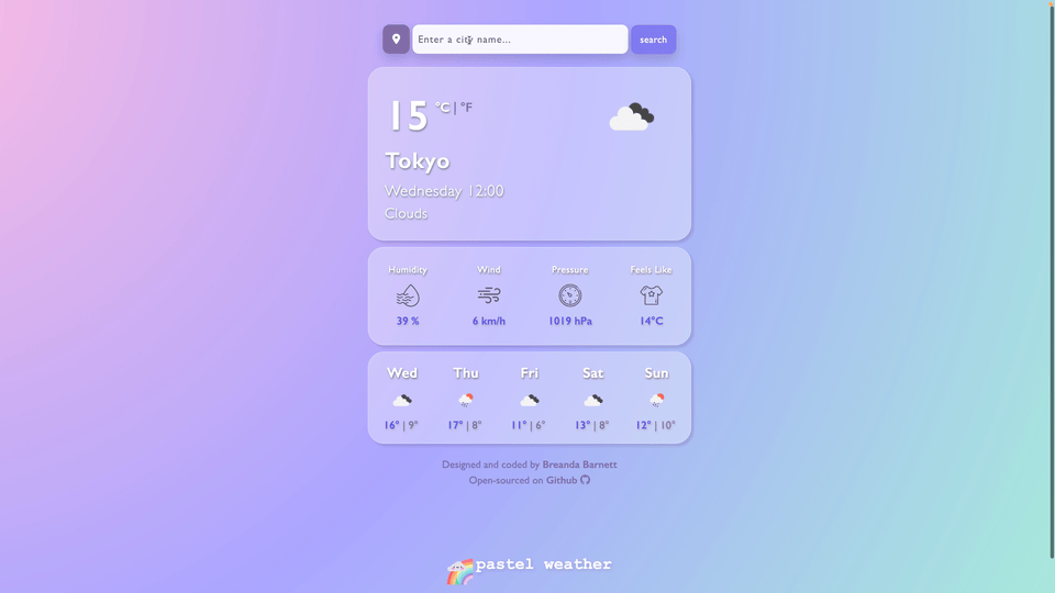 GitHub - breandabarnett/Weather-App-Project: Pastel Weather - integrated with OpenWeather API ...
