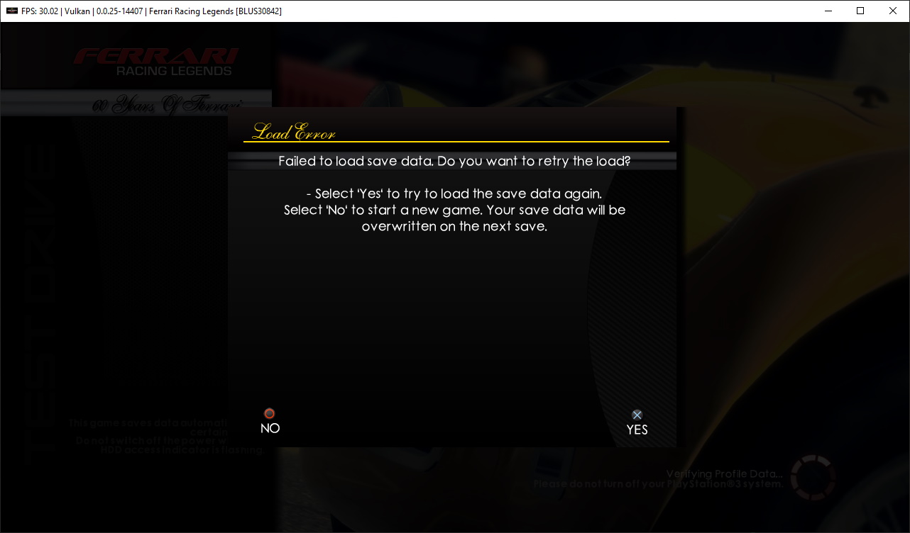 Ferrari Racing Legends shows errors when auto-loading saved game ...
