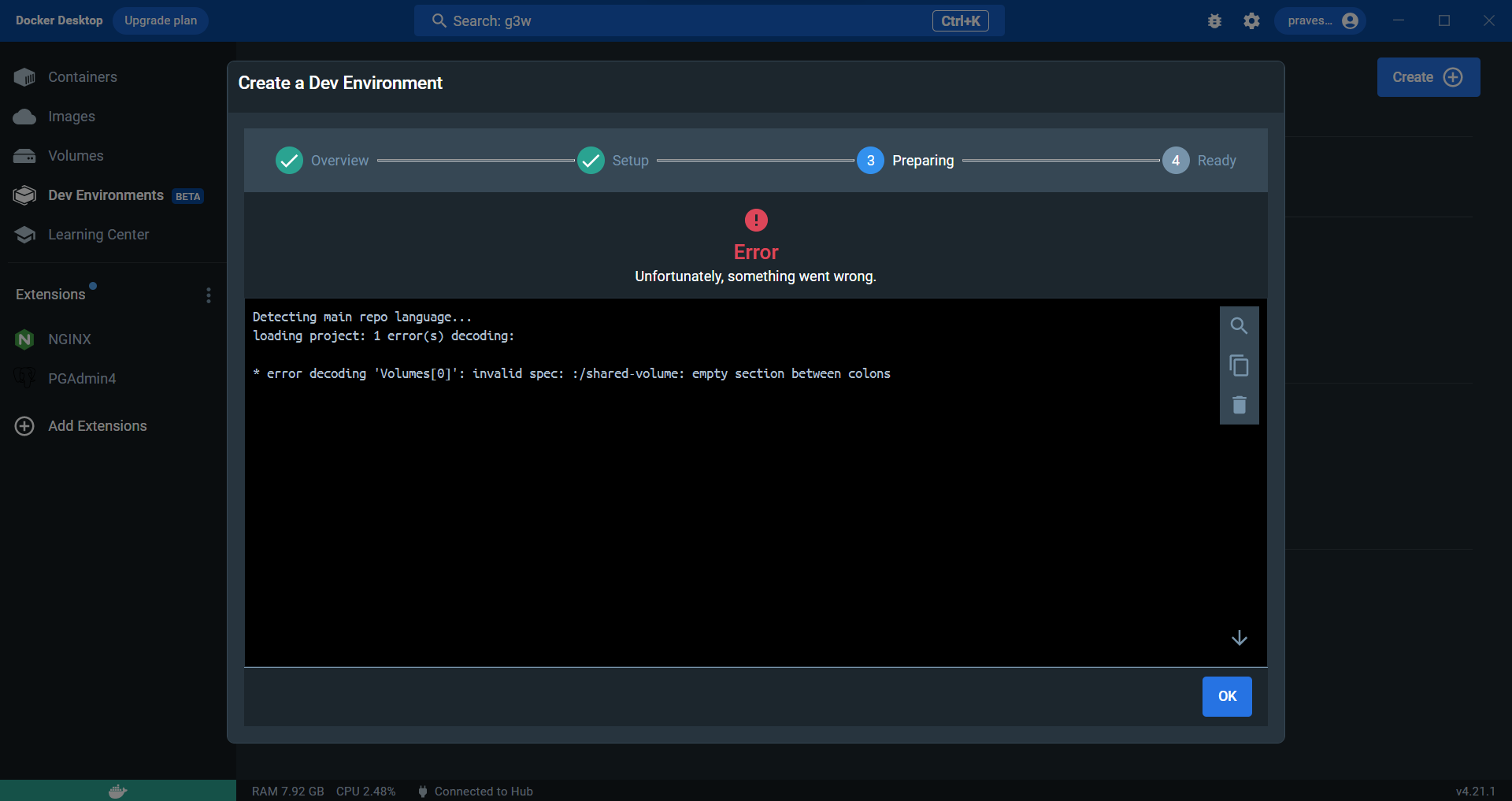 [Docker Desktop] Error decoding 'Volumes[0] invalid spec: :/shared-volume: empty section between ...
