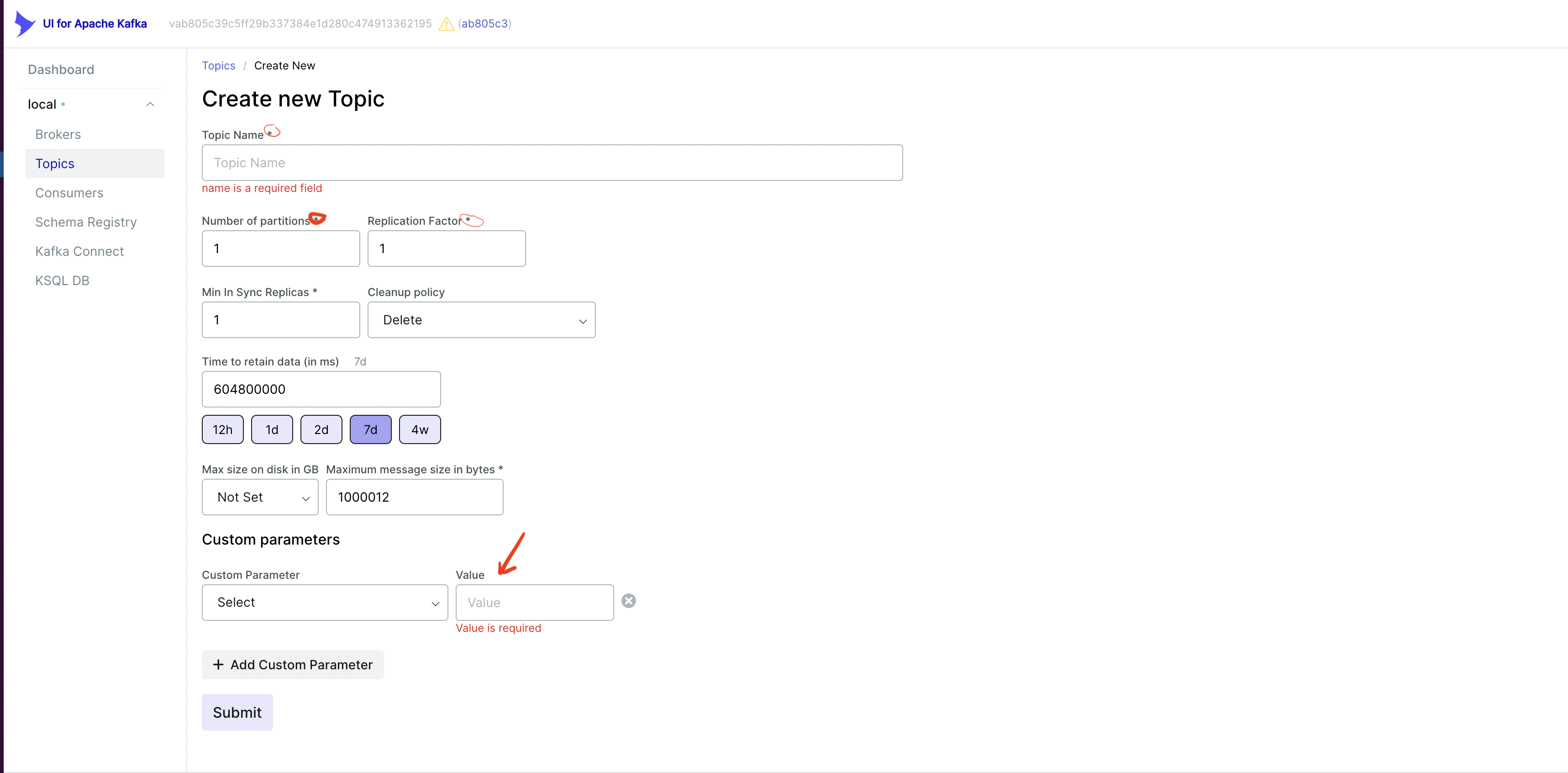 Error message about Value field requiredness is shown once the Custom Parameter added within ...