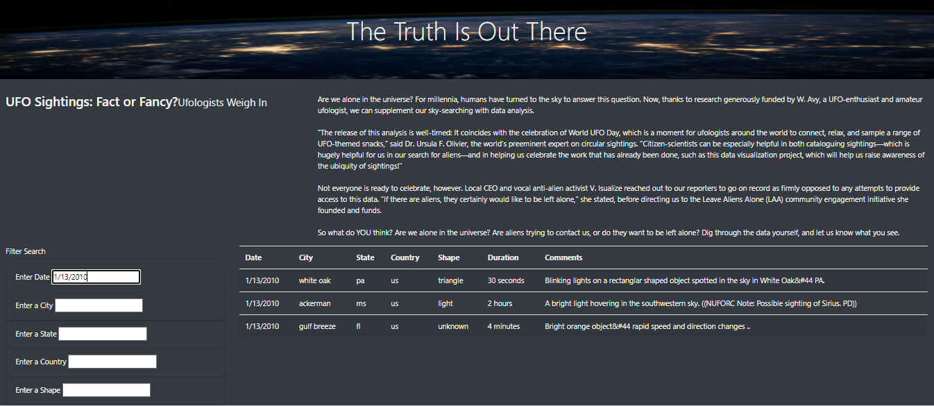 GitHub - montsecruz9/UFOs: Creating a dynamic webpage using JavaScript and Bootstrap