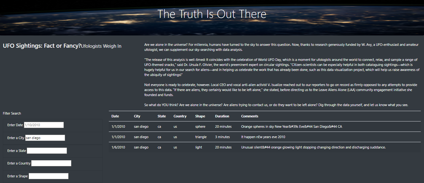GitHub - montsecruz9/UFOs: Creating a dynamic webpage using JavaScript and Bootstrap
