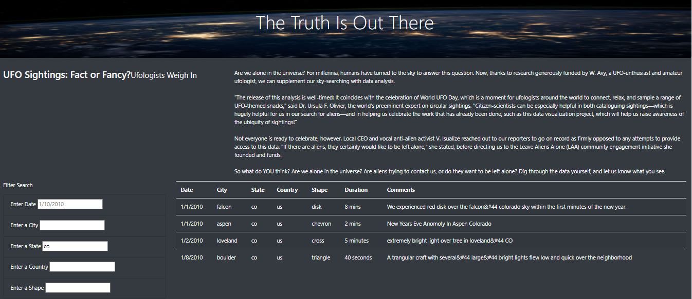 GitHub - montsecruz9/UFOs: Creating a dynamic webpage using JavaScript and Bootstrap