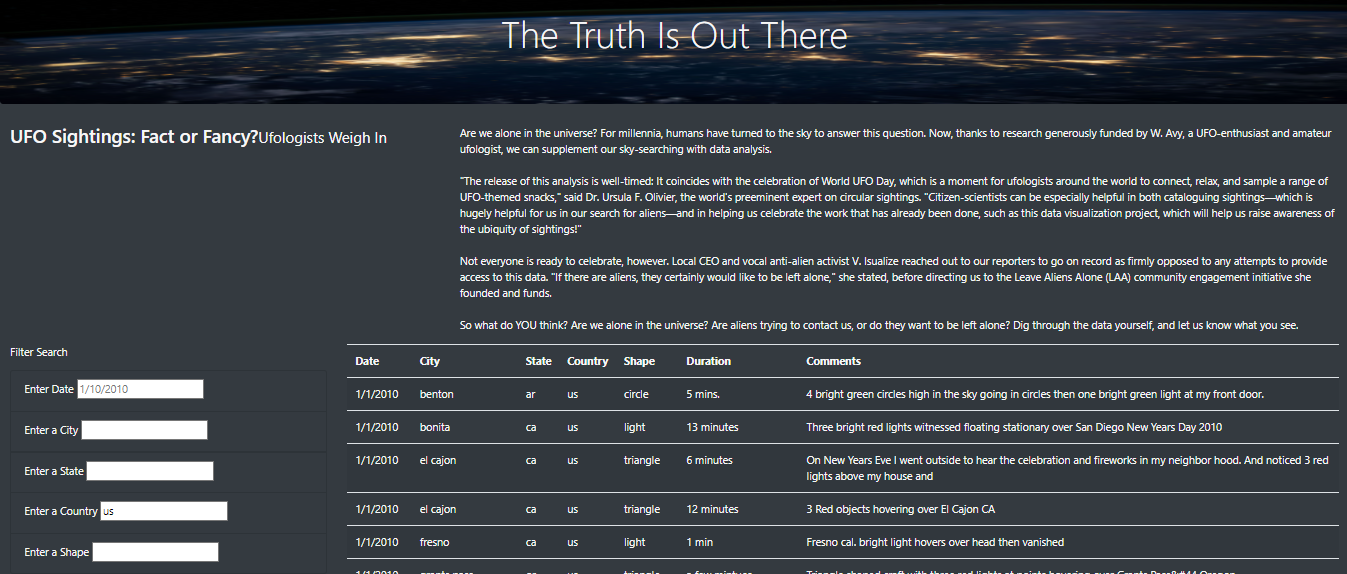 GitHub - montsecruz9/UFOs: Creating a dynamic webpage using JavaScript and Bootstrap