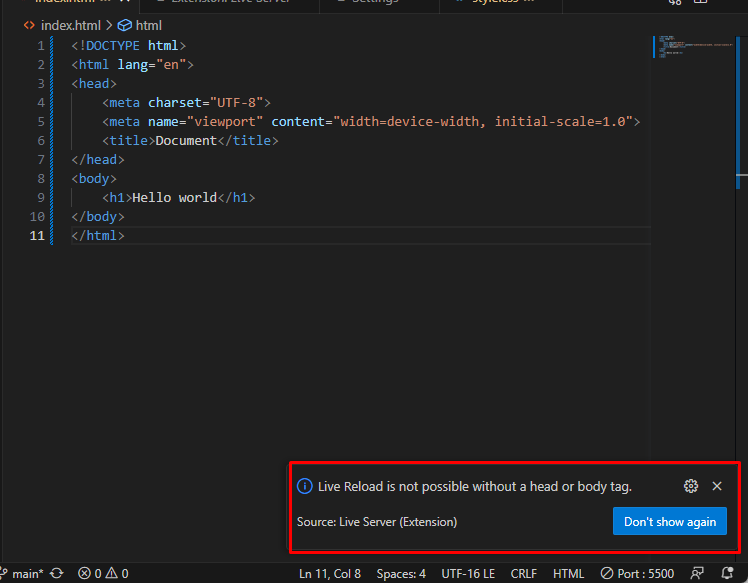 "Live Reload is not possible as body or head tag or defined tag is ...