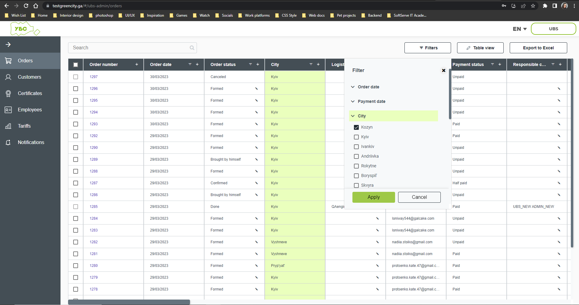 [admin Cabinet Pick Up City] Enable Order Filters By Cities And Districts · Issue 5585 · Ita