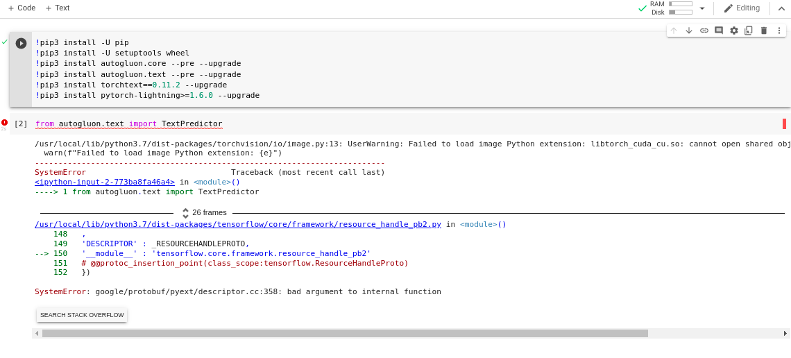 [BUG] AutoGluon basic installation failing on Google Collab · Issue #1695 · autogluon/autogluon ...