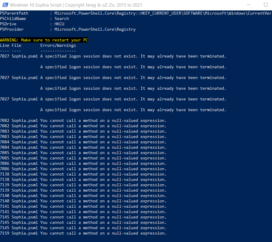 Null-valued expression error · Issue #134 · farag2/Sophia-Script-for-Windows · GitHub